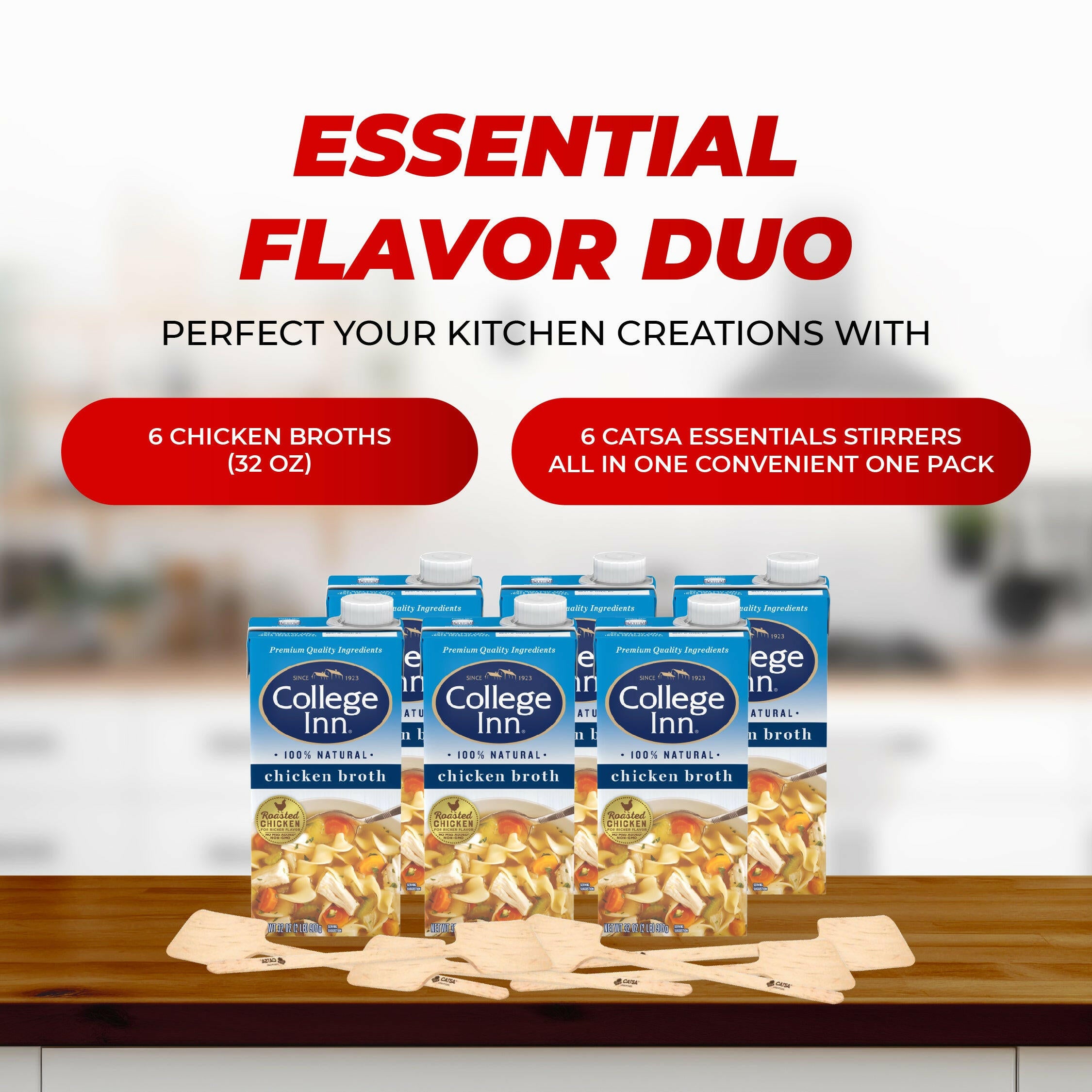 6 Chicken Broth, 100% all natural, 32 oz + 6 Catsa Essentials Stirrers ...